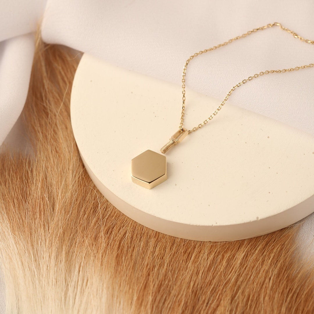 Hexagon Cremation for Ashes 14K 18K Solid Gold Urn Necklace, Real Gold ...