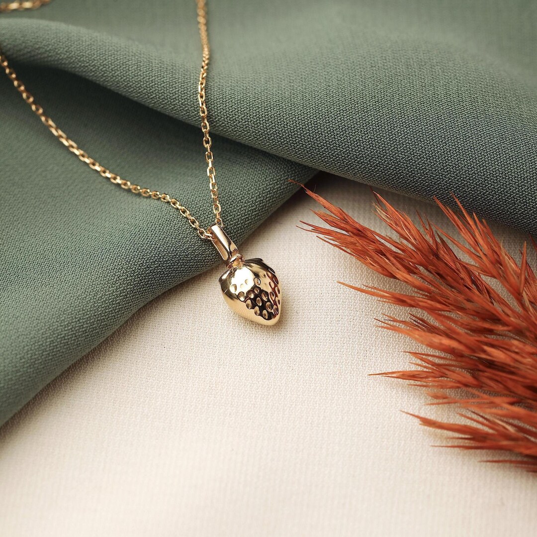 14K Real Solid Gold Cremation Urn Strawberry Necklace, Gold Ash Holder ...