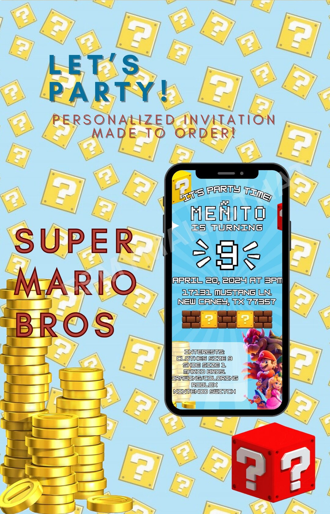 Super Mario Bros Digital Birthday Party Invitation, Evite Digital ...