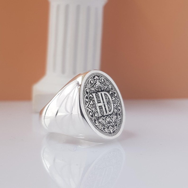 Custom Monogram Signet Ring: Vintage Floral Crest, Personalized Jewelry ...