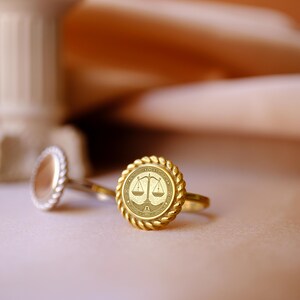 Libra Zodiac Signet Ring – 925 Gold Plated Astrology Ring – Hand Engraved Balance Scales Symbol ...