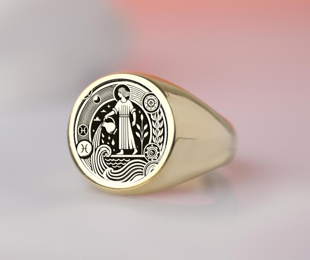Aquarius Zodiac Signet Ring: Sterling Silver Astrology Gift - Etsy
