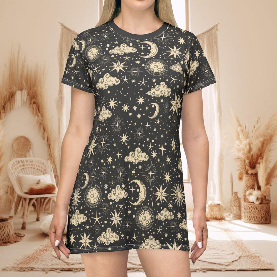 Celestial T-shirt Dress, Boho Starry Dress, Casual Lounge Dress, Galaxy ...