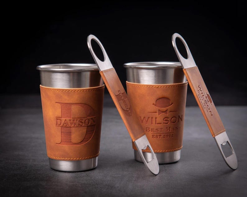 Set of 6, Personalized Beer Cup With Leather Holder, Beer Mug, Engraved ...