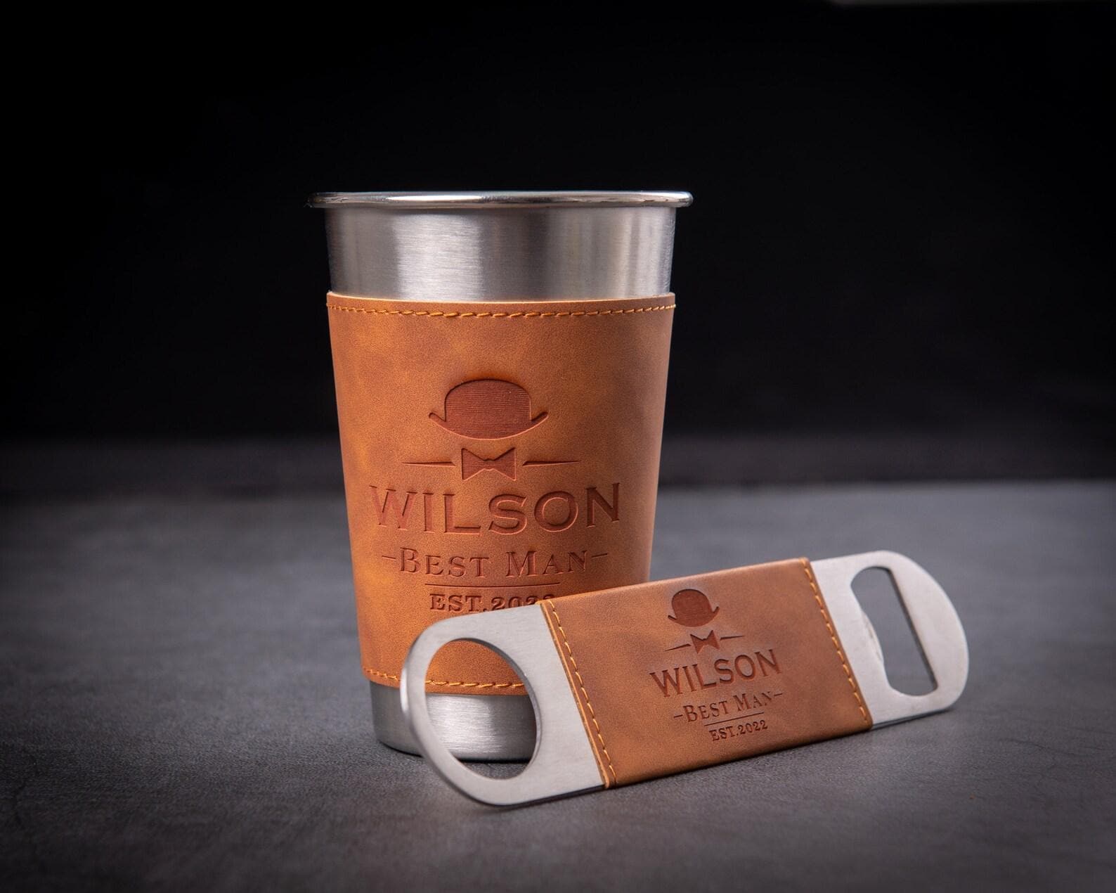Set of 6, Personalized Beer Cup With Leather Holder, Beer Mug, Engraved ...