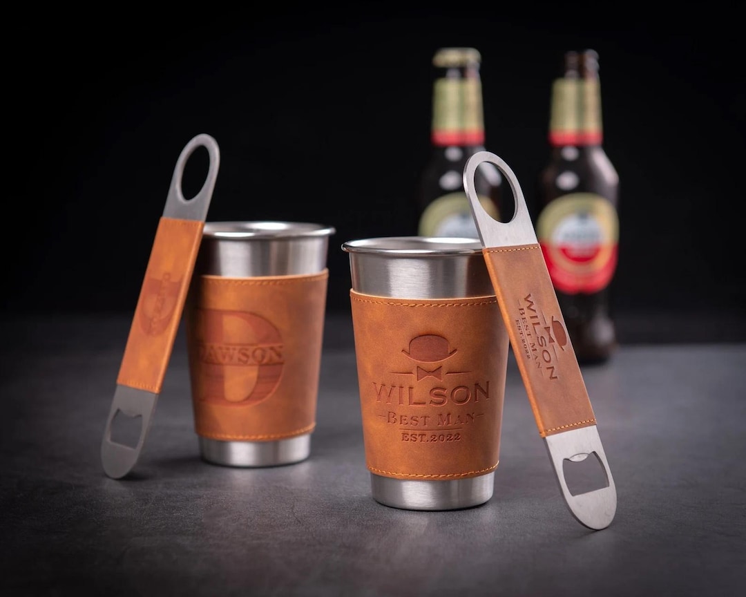 Personalized Beer Cup With Leather Holder, Beer Mug, Engraved Bottle ...