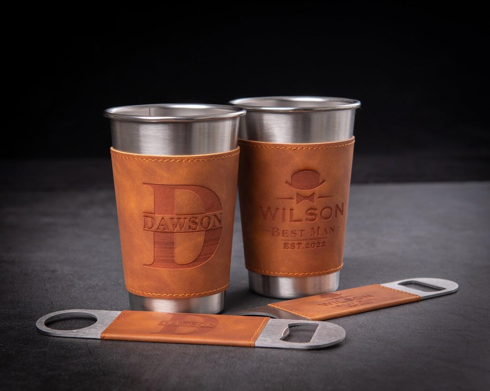 Set of 6, Personalized Beer Cup With Leather Holder, Beer Mug, Engraved ...