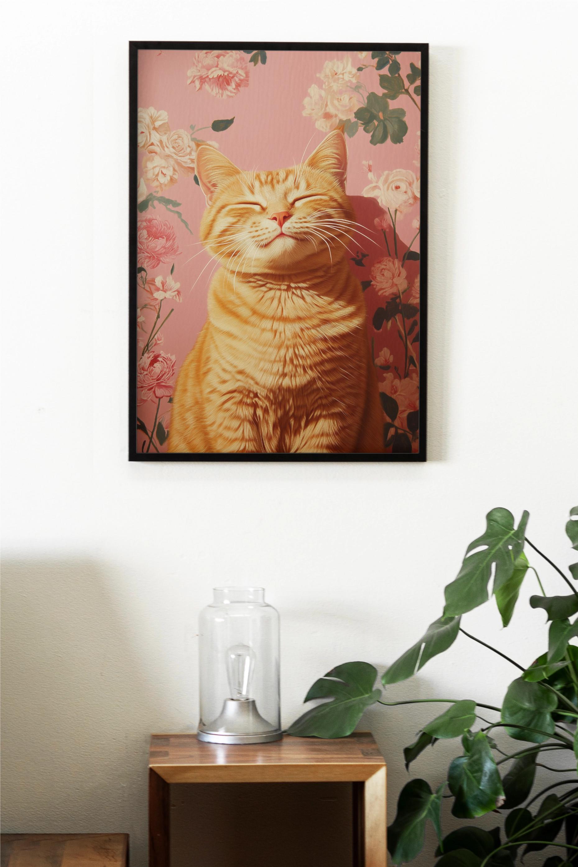Ginger Cat Floral Background Cute Cat Smiling Ginger Cat Portrait ...