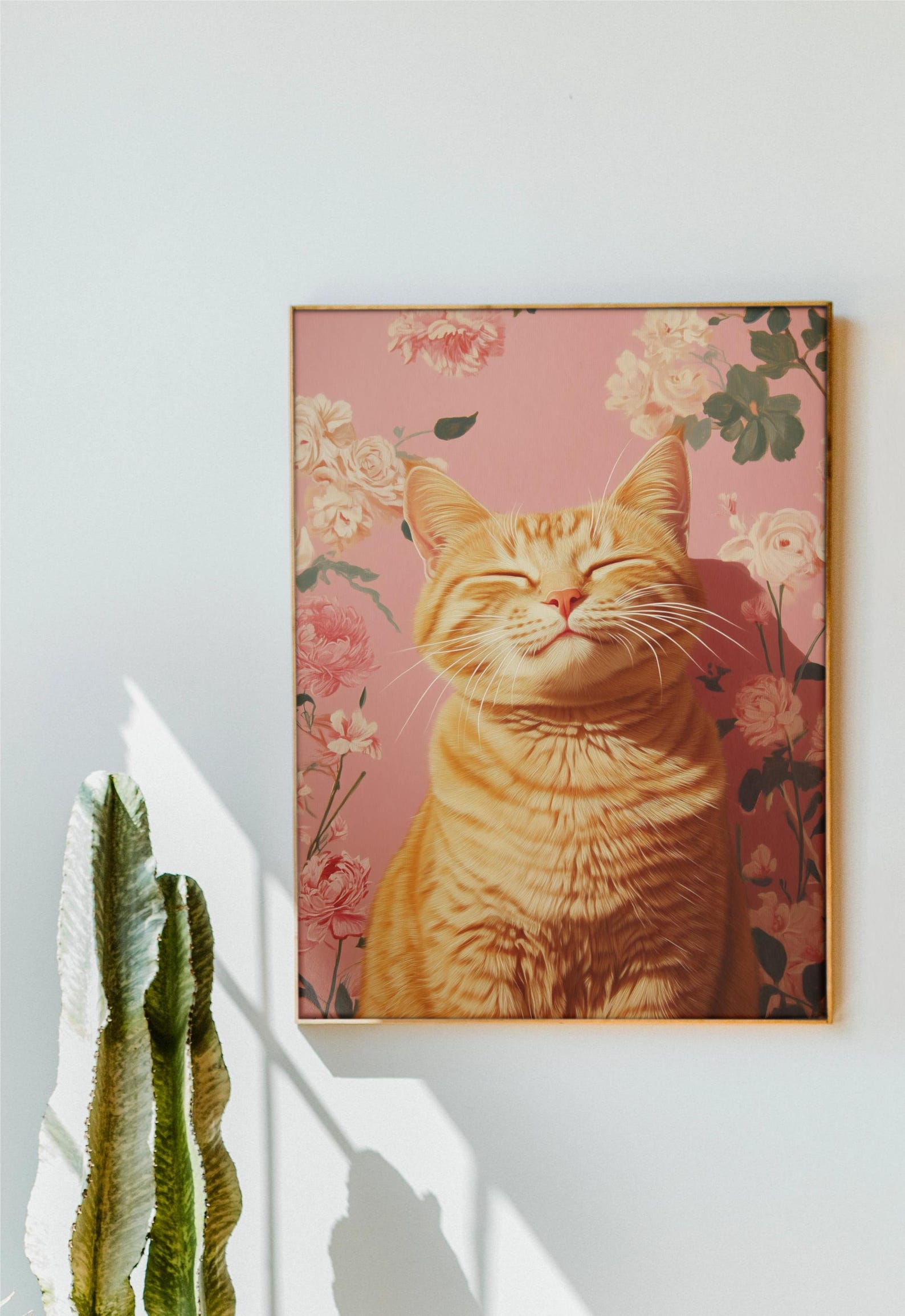 Ginger Cat Floral Background Cute Cat Smiling Ginger Cat Portrait ...