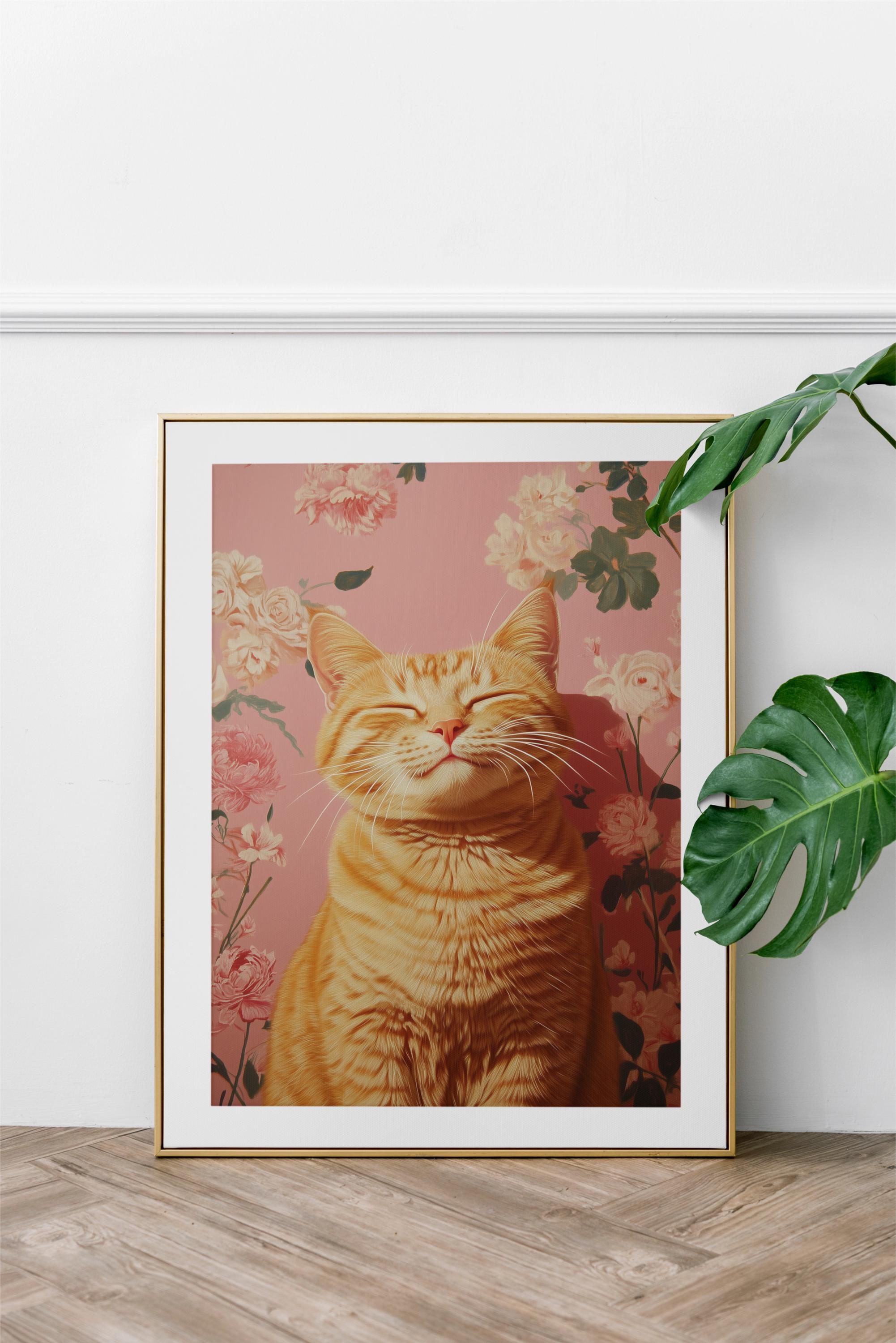 Ginger Cat Floral Background Cute Cat Smiling Ginger Cat Portrait ...