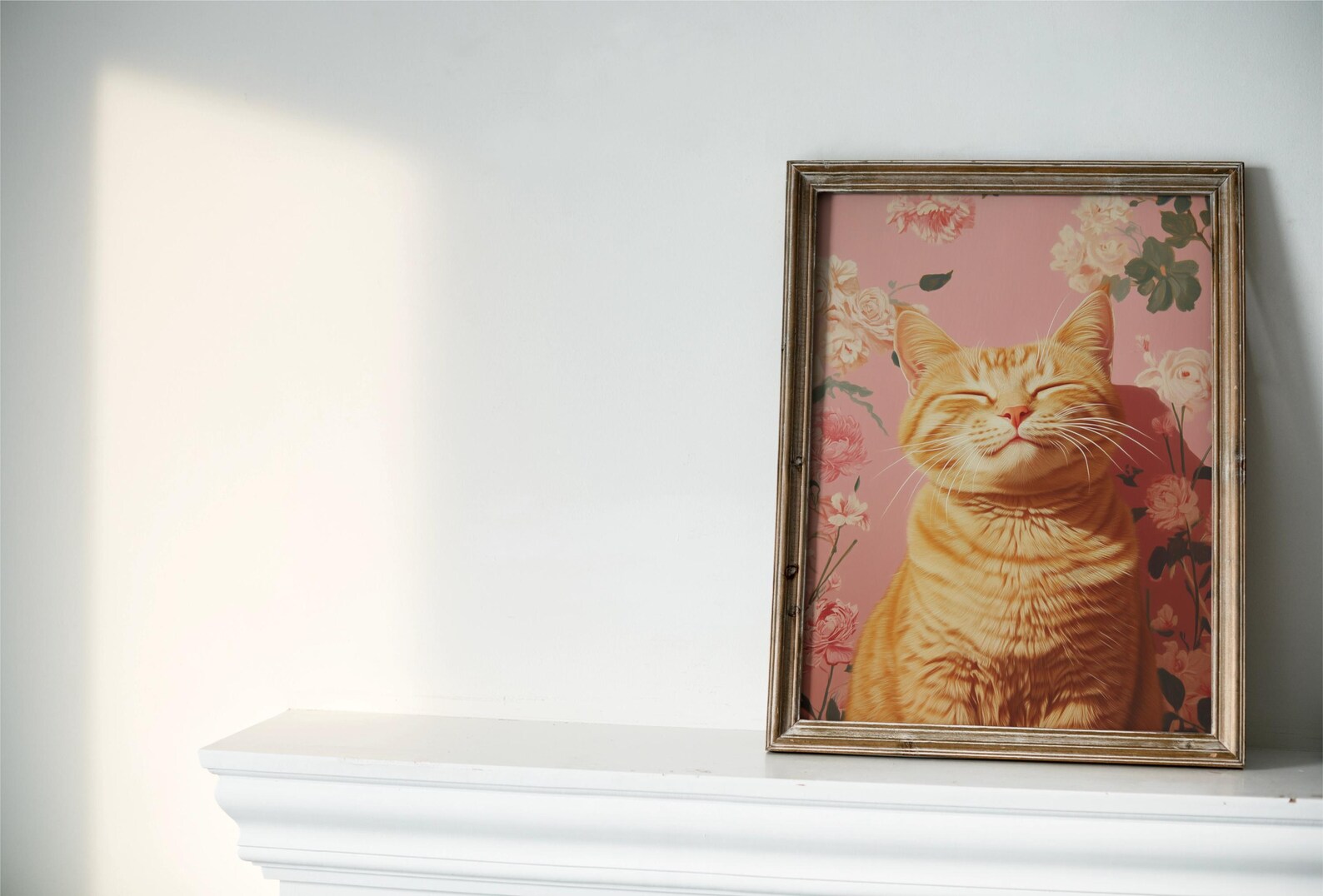 Ginger Cat Floral Background Cute Cat Smiling Ginger Cat Portrait ...