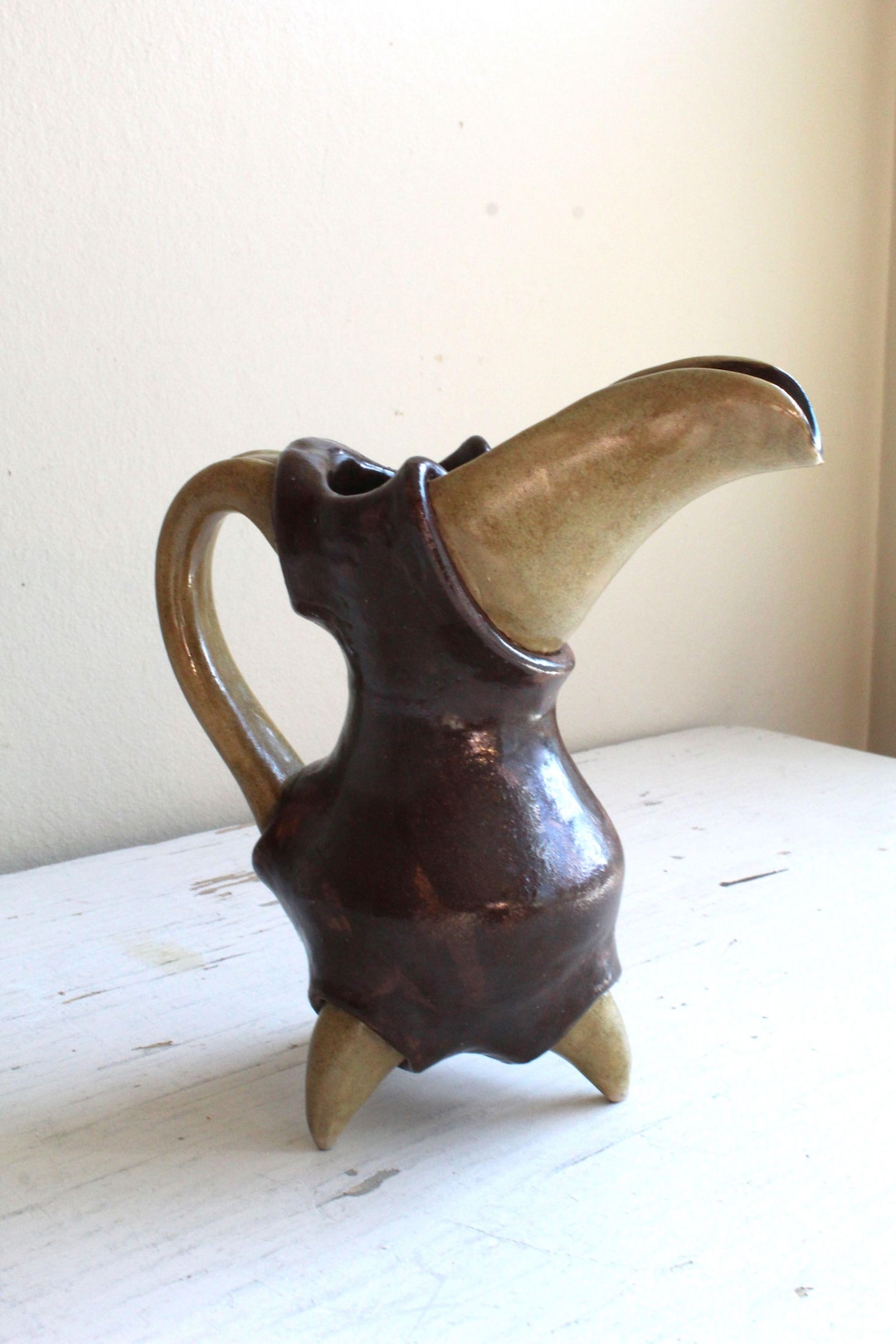 Hand Built Pottery Pitcher: Dinosaur Claw Tripod, Brown Khaki Jug - Etsy