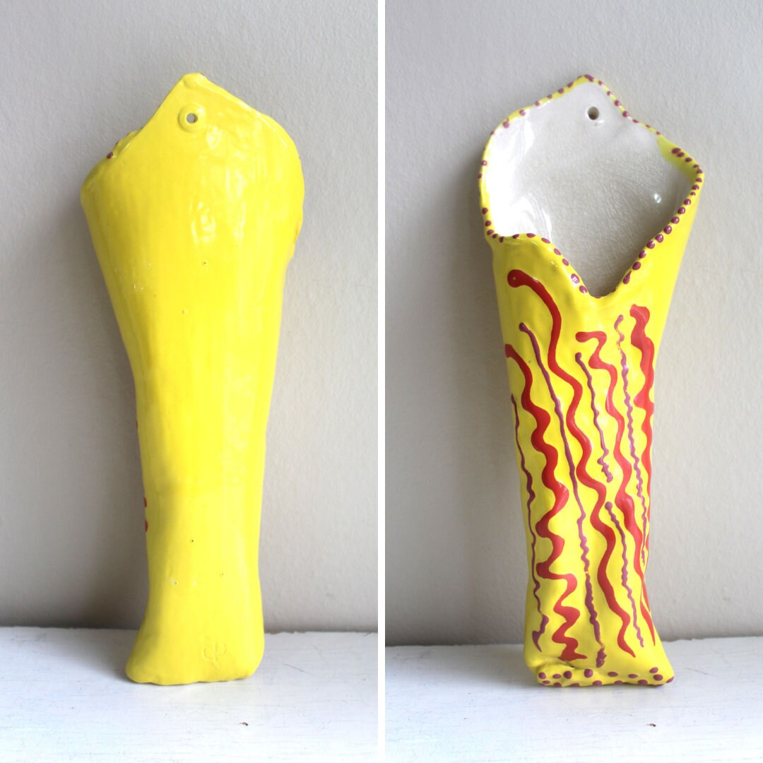 Student Made Art Pottery Hand Built Yellow Slab Wall Pocket Vase From ...