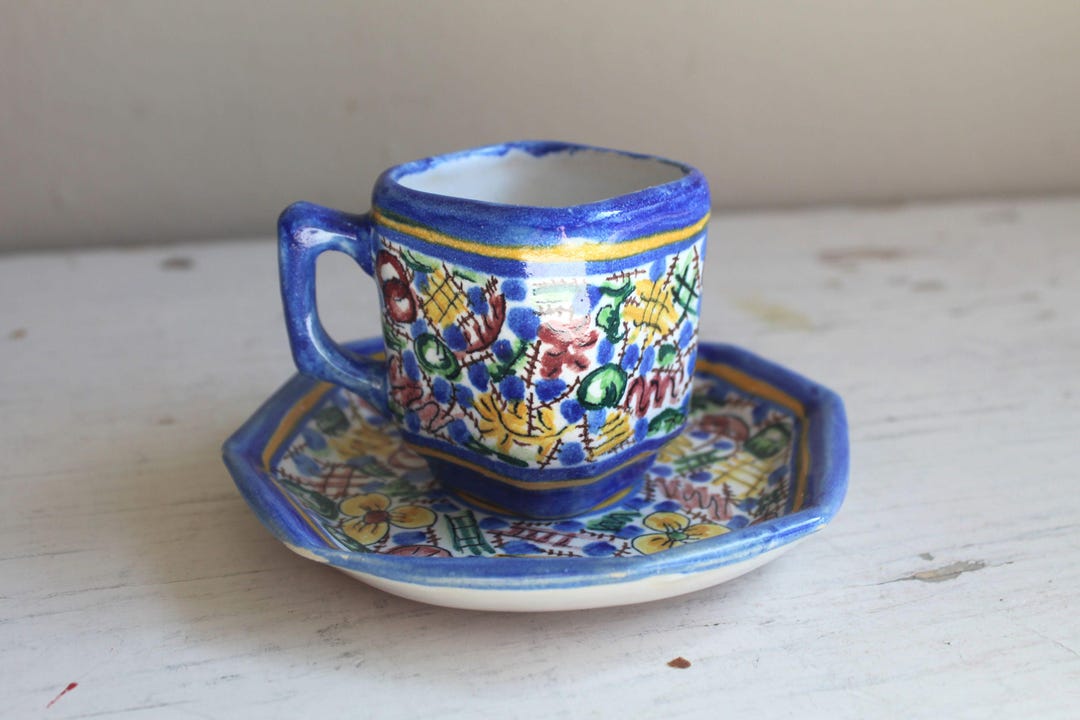 Hand Painted Faience Espresso Cup & Saucer Set: Spanish Country Folk ...