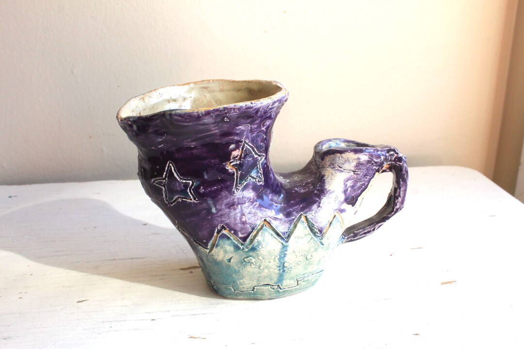 Hand Built Pottery Pitcher: Purple Teal Mead Horn Jug, Student Art - Etsy