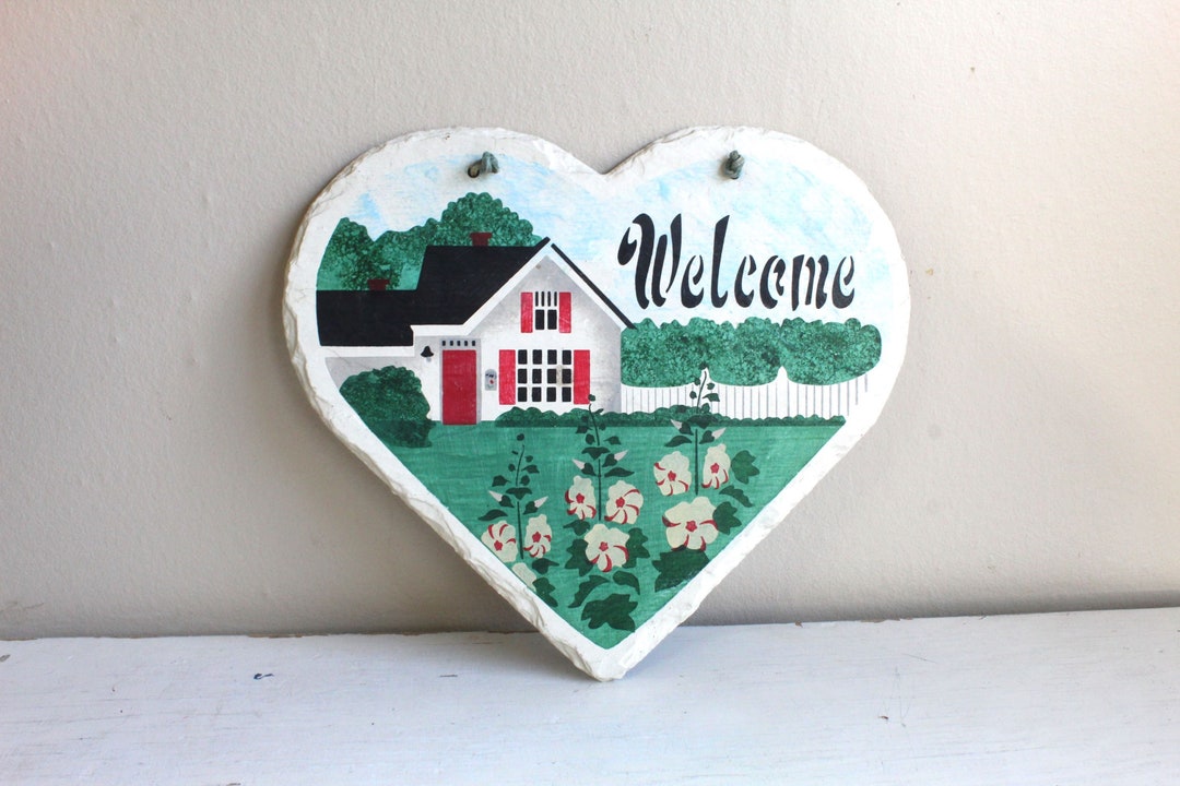 Vintage Hand Painted Slate Welcome Sign: Cottagecore Heart Decor - Etsy UK