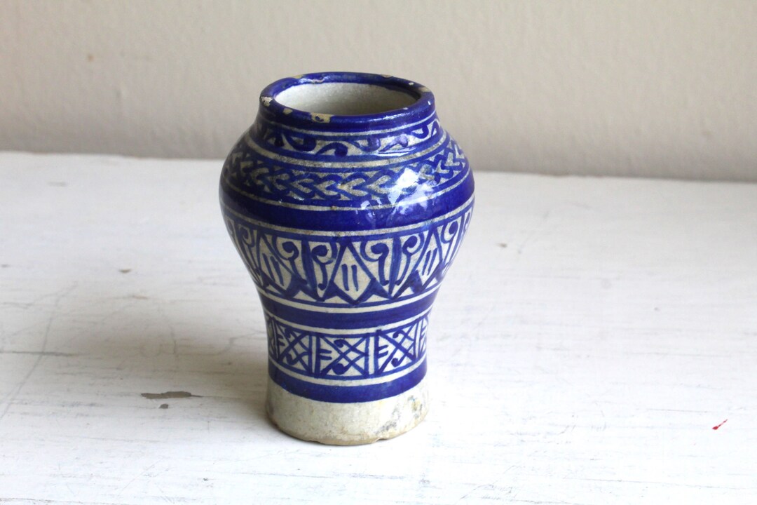 Moroccan Fez Fes Pottery Hand Painted White Blue Vase Vintage ...