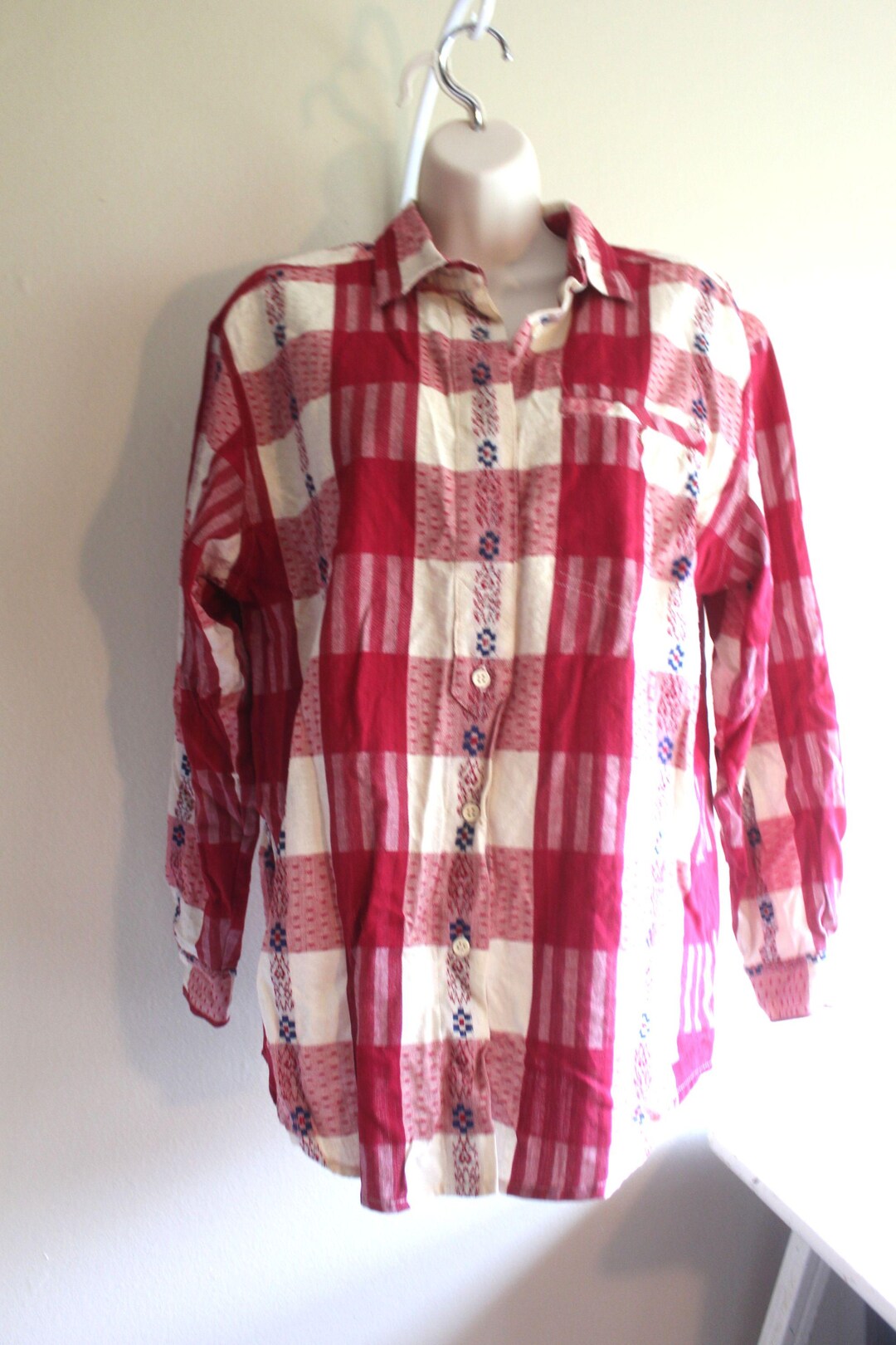 Euro Folk Wear : Schooners Shirt Womens Size M S Cotton Cream Red Plaid ...