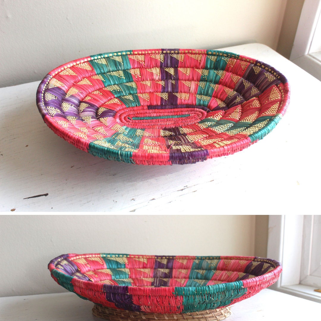 Woven Raffia Platter Basket, Geometric Design (15.25" Long) - Etsy
