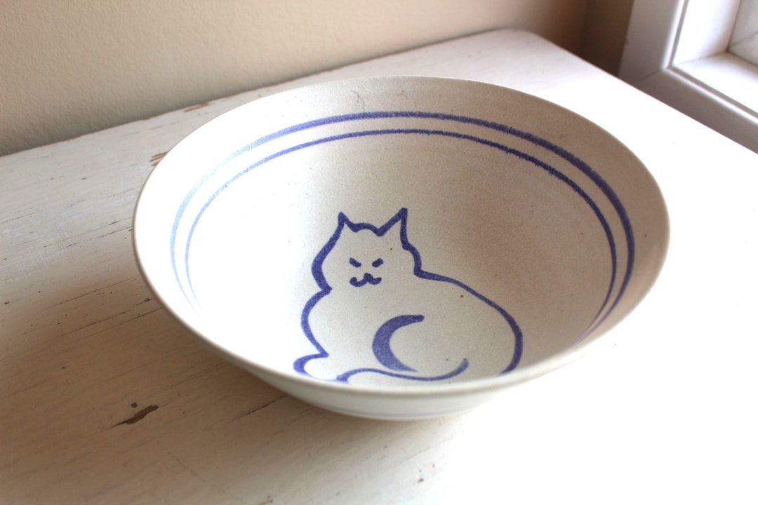 Large Wheel Thrown Art Studio Pottery Matte White Cat Motif Hand ...
