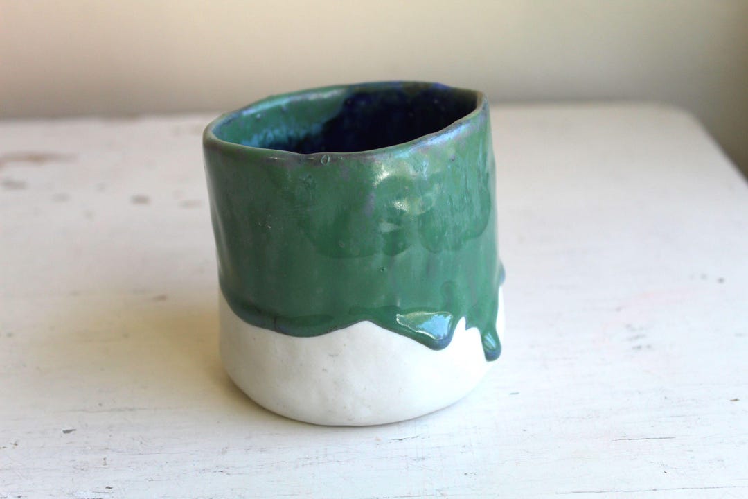 Hand Built Yunomi Tea Cup Student Art School Pottery Green Drip Glaze ...