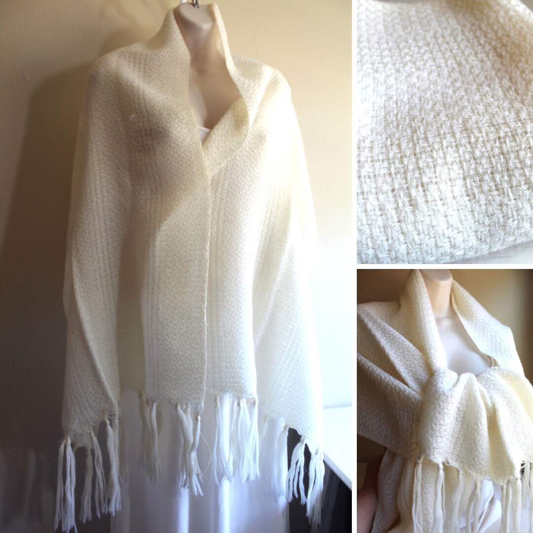 10 X 76 Pristine Vintage Ivory Loom Woven Lambswool W Fringe Lofty Wrap ...