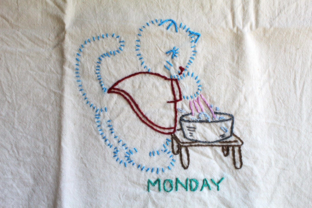 Mid Century Modest Style : Hand Embroidered Monday Kitten Dish Towel ...