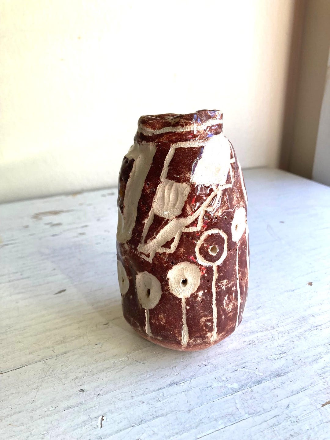 Handmade Student Made Art Pottery Vase: Scraffito in Brown and Cream - Etsy