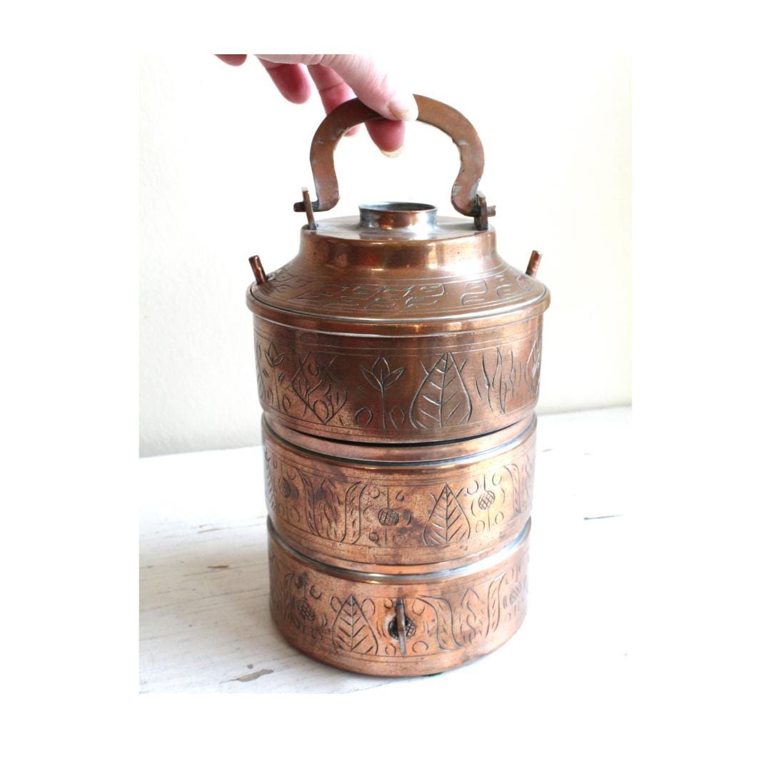 Rustic Container for Display : Tin Lined Etched Copper Tiffin 3 Piece ...