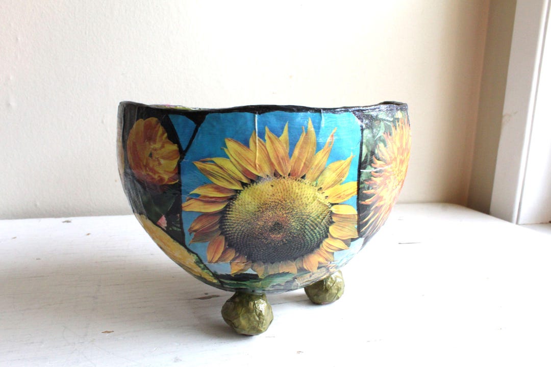 Whimsical Decor : Handmade Paper Mache Bowl Floral Photo Magazine ...
