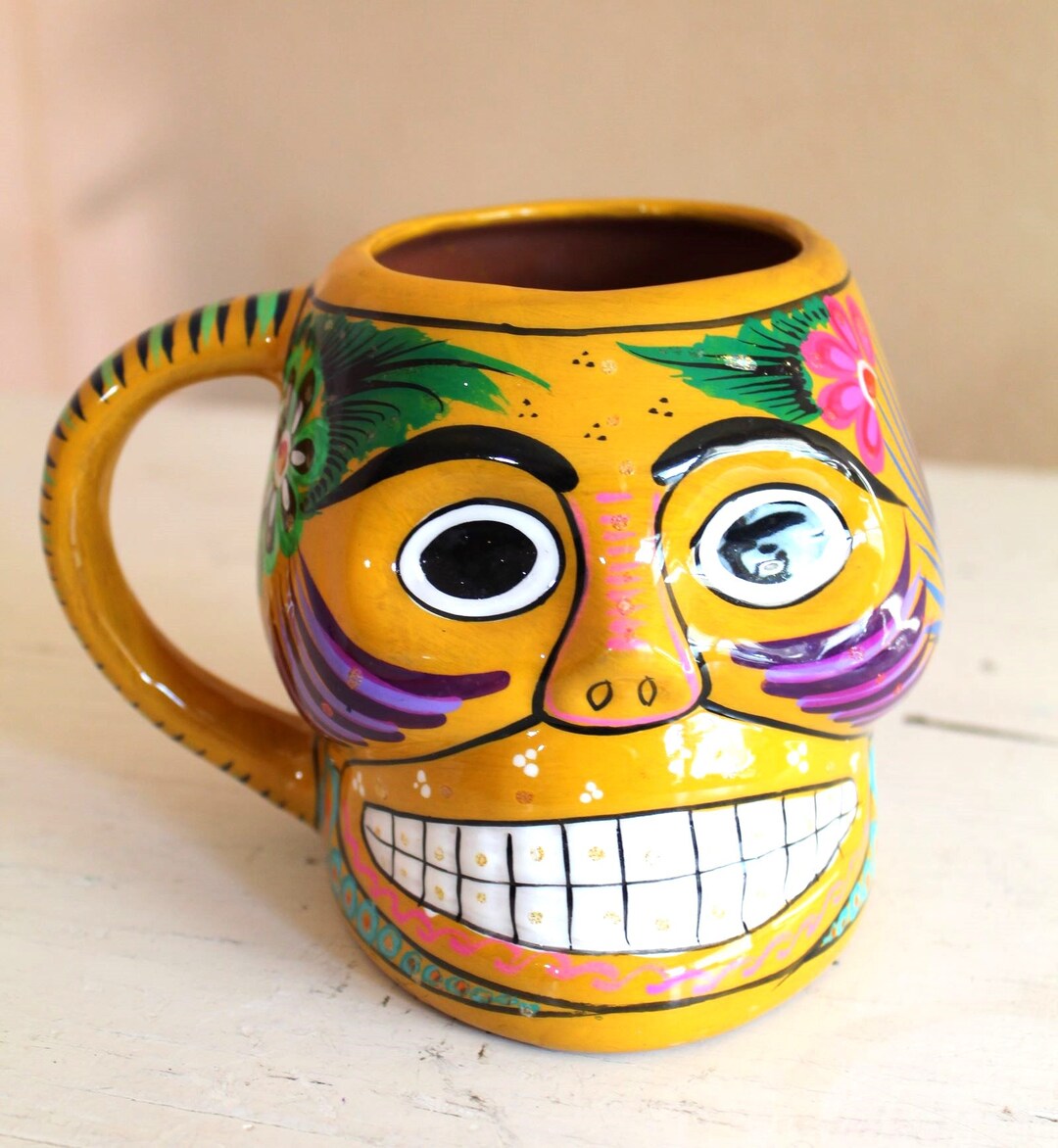 Dia De Los Muertos : Whimsical Gold Calaca Skull Mug Ceramic Terracotta ...