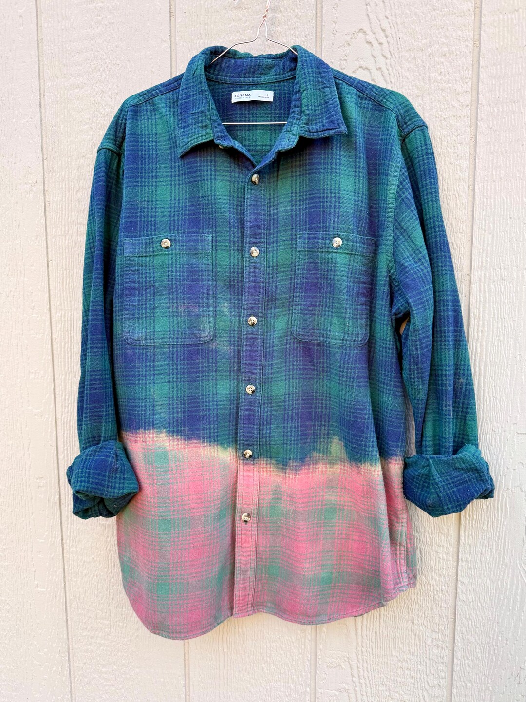 Men's Large, Plaid Flannel Shacket: Upcycled Green Blue Pink Design - Etsy