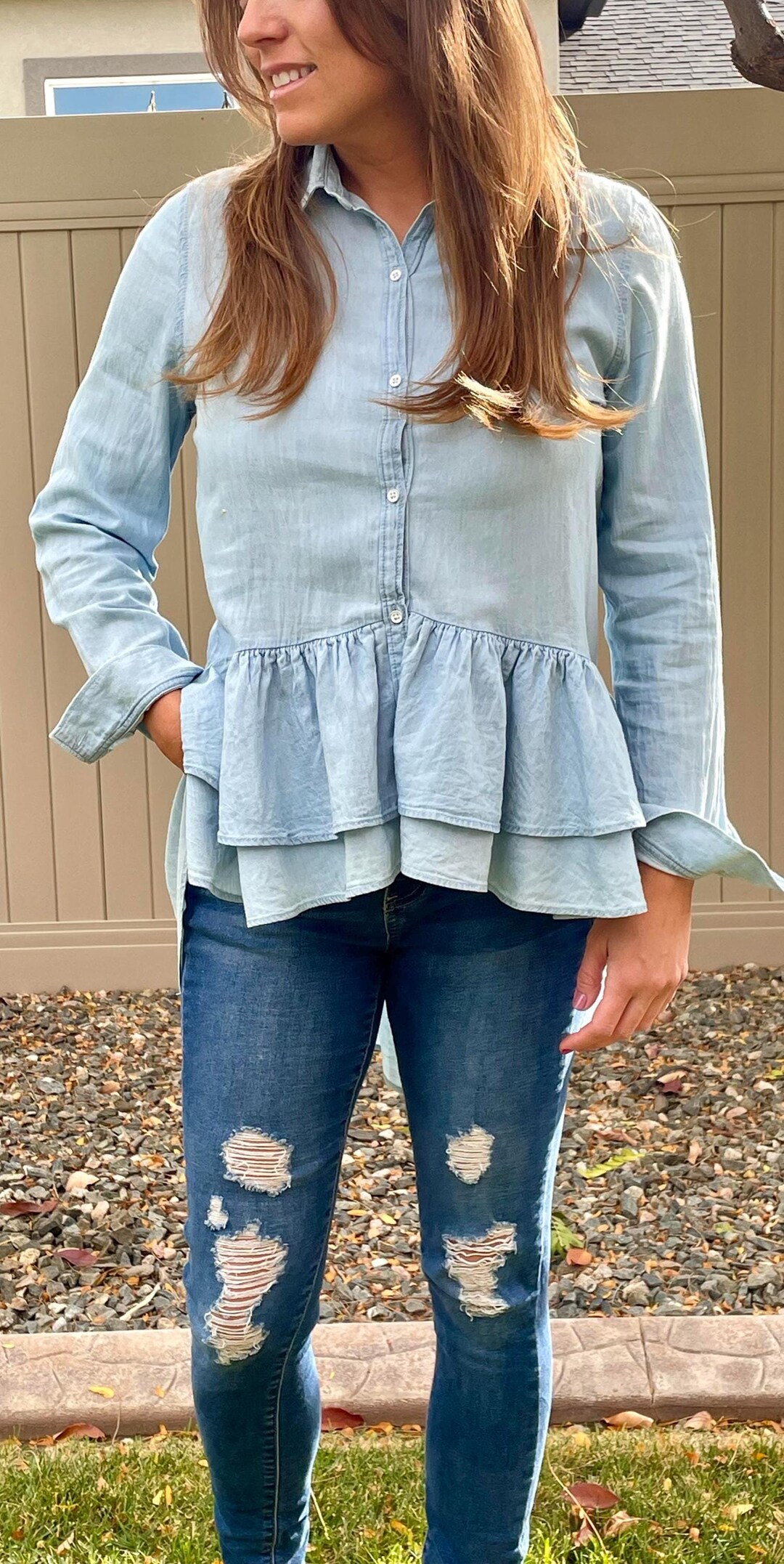 Women's Medium/denim/chambray/ruffle/women's Clothing/blouse/top/women ...