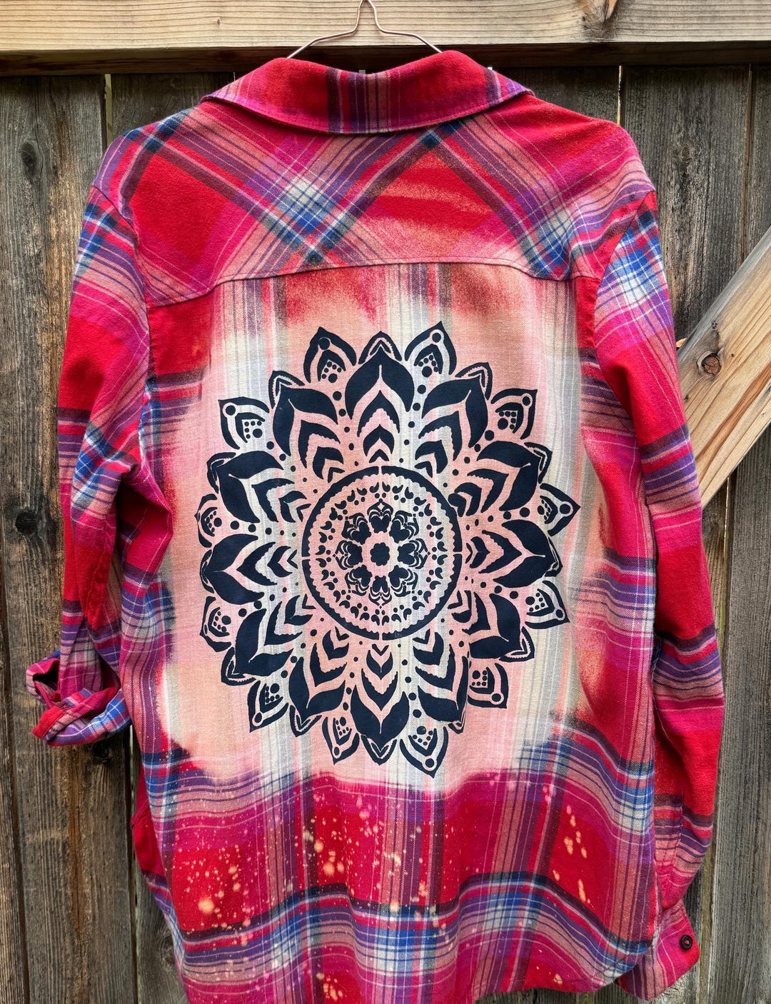 Bleached Mandala Flannel Shirt - Upcycled Plaid Shacket, Women's Large ...