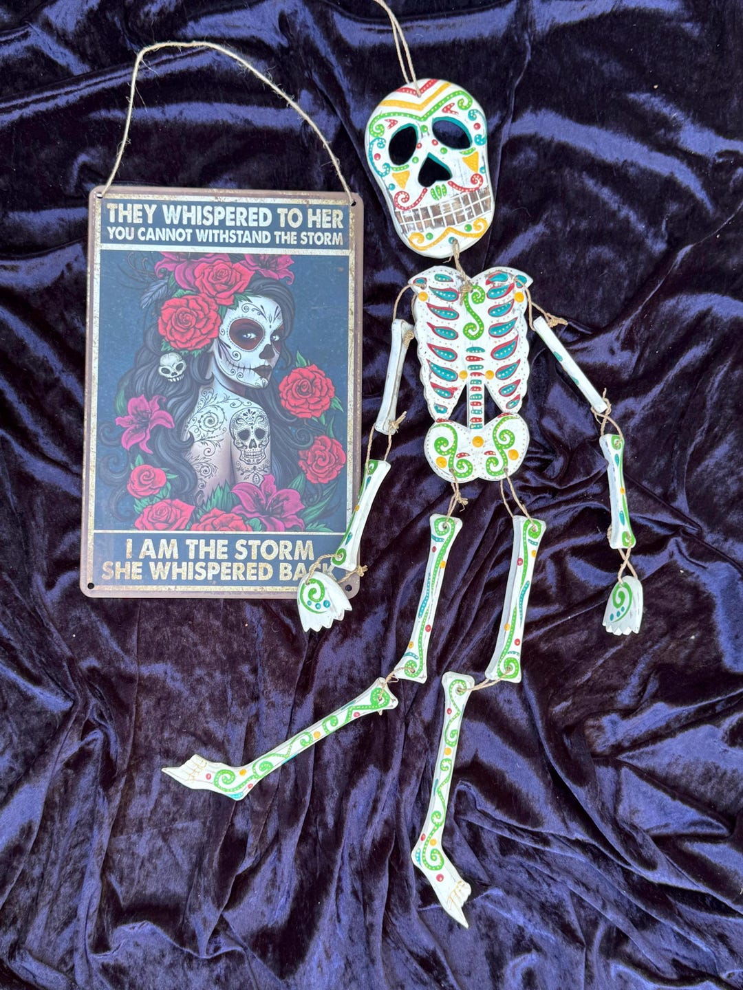 Skeleton Wind Chime and Metal Sign, Wooden Rattle Pagan Day of the Dead ...