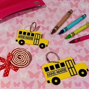 Personalized School Bus Name Tag Set: Teacher Keychain & Backpack Charm ...