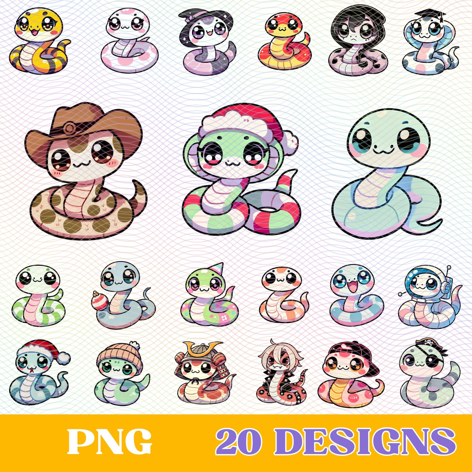 Kawaii Snake Bundle - Cute Cartoon Snakes in Japanese Style PNG Set ...