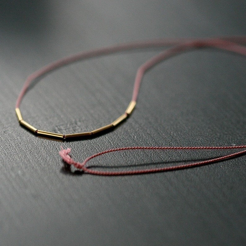 Fay Necklace - Silk String Necklace With Gold Tube Beads - Ultra Skinny ...