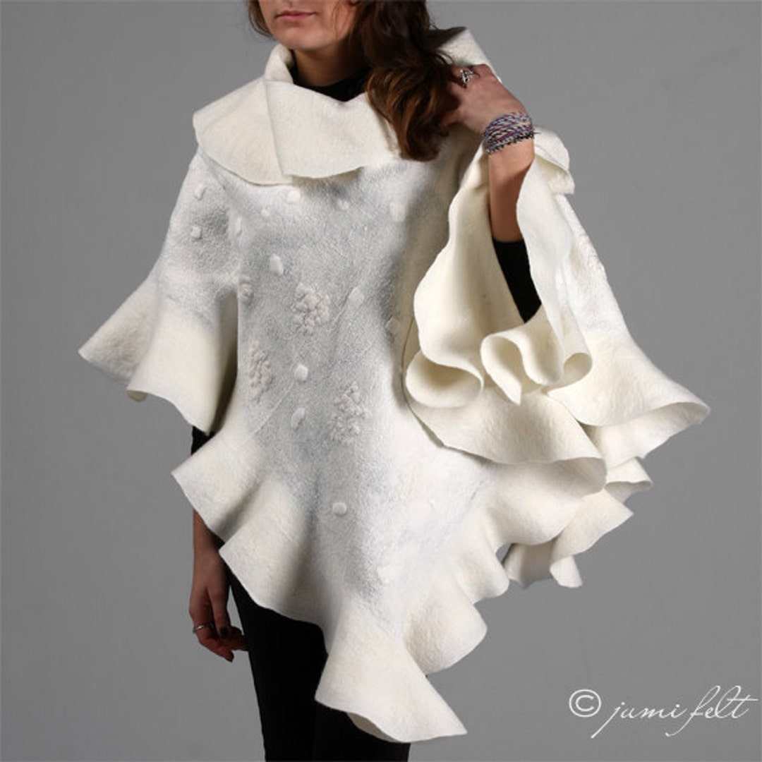 Felt Felted Shawl Bridal Shawl Elegant Milk White Wavy Ruffle Scarf - 2 ...