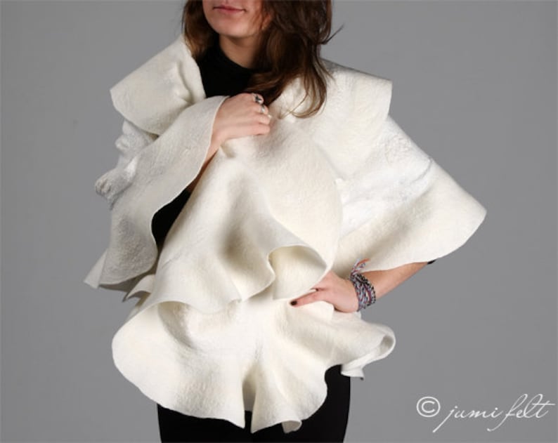 Felt Felted Shawl Bridal Shawl Elegant Milk White Wavy Ruffle Scarf - 2 ...