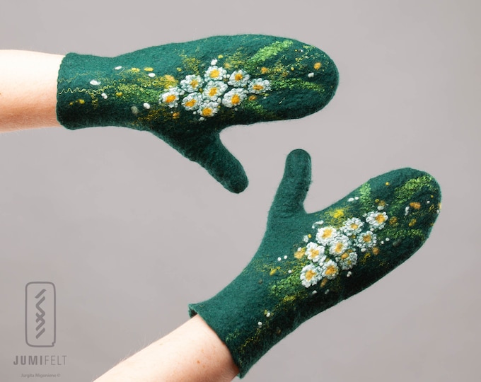 Embroidered Felted Wool Mittens With Dandelion for Women, Dark Gray ...