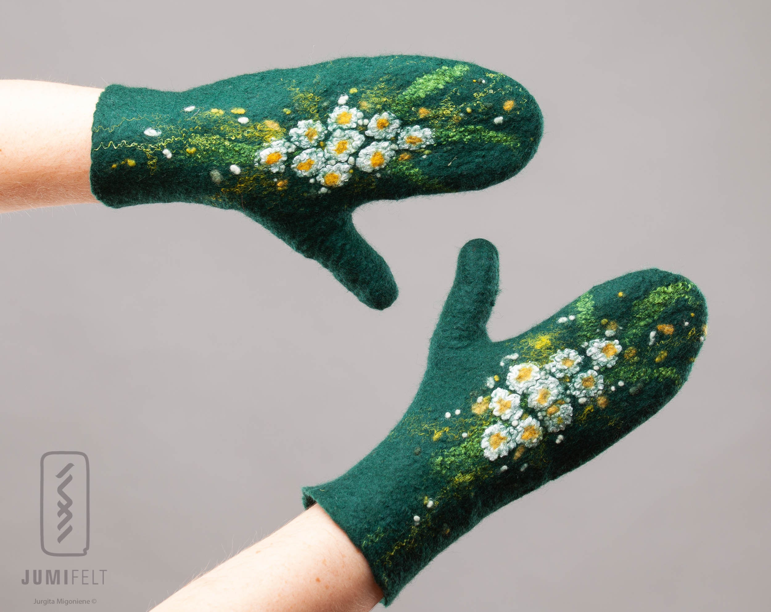 Felted Mittens Warm Soft Wool Gloves Green Mittens With Flowers Decor ...
