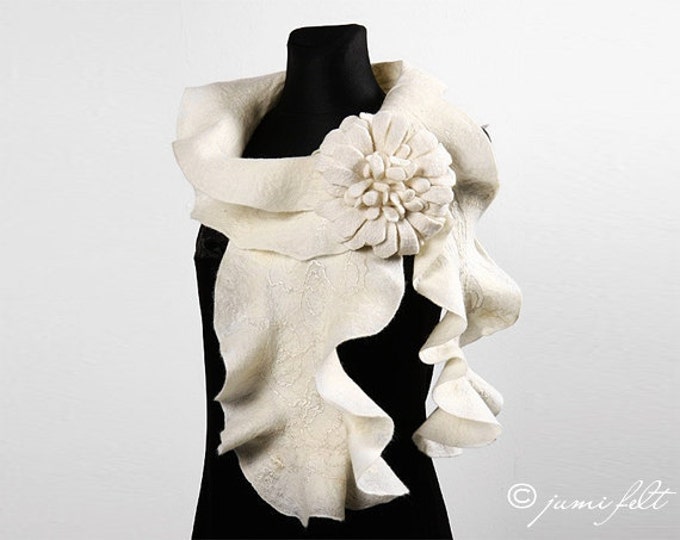 Ivory White Wool Scarf, Felted Scarf and Dahlia Brooch - Etsy
