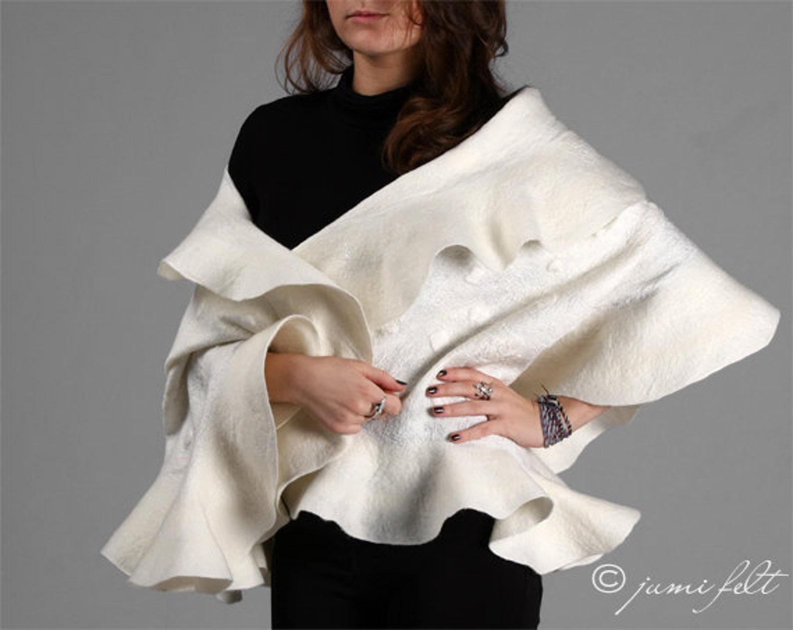 Felt Felted Shawl Bridal Shawl Elegant Milk White Wavy Ruffle Scarf - 2 ...