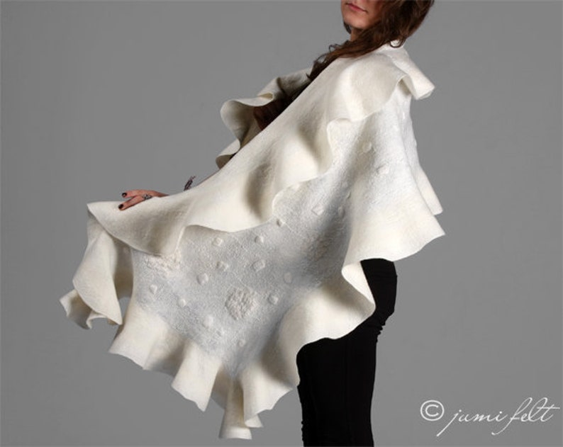 Felt Felted Shawl Bridal Shawl Elegant Milk White Wavy Ruffle Scarf - 2 ...