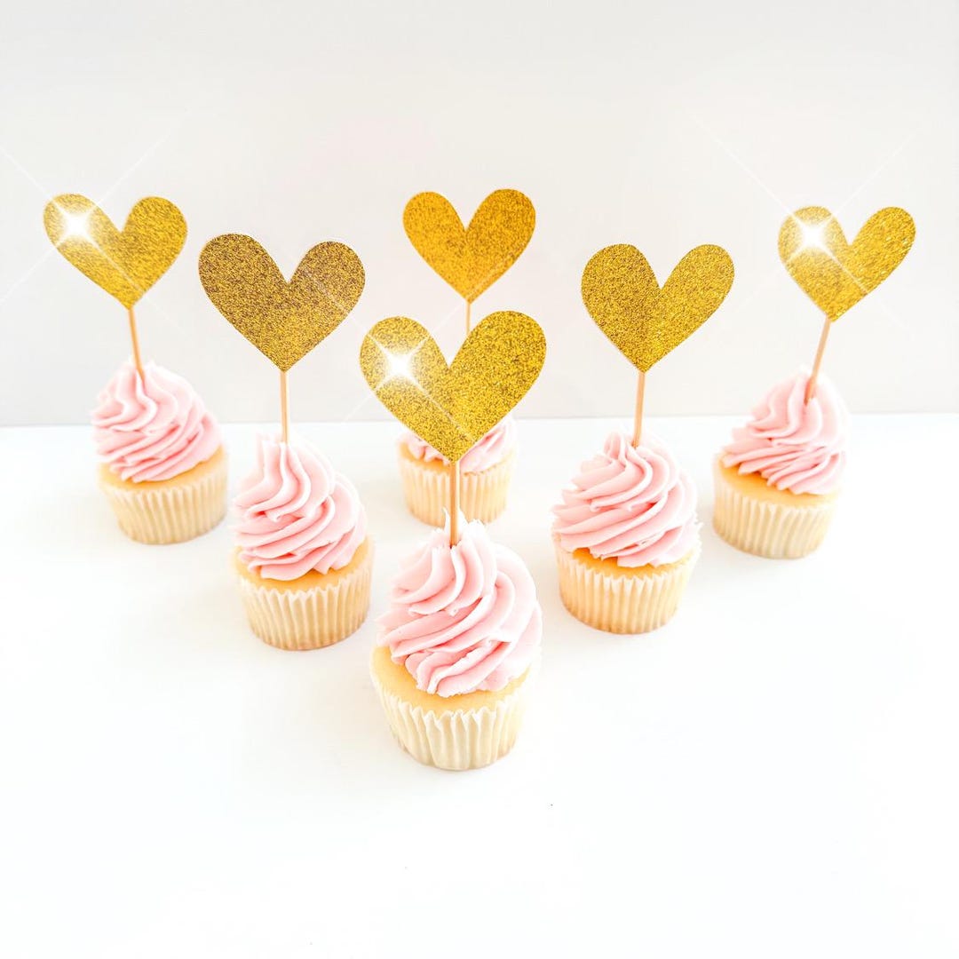 Gold Heart Topper, Gold Glitter Heart Cupcake Toppers, Gold Heart ...