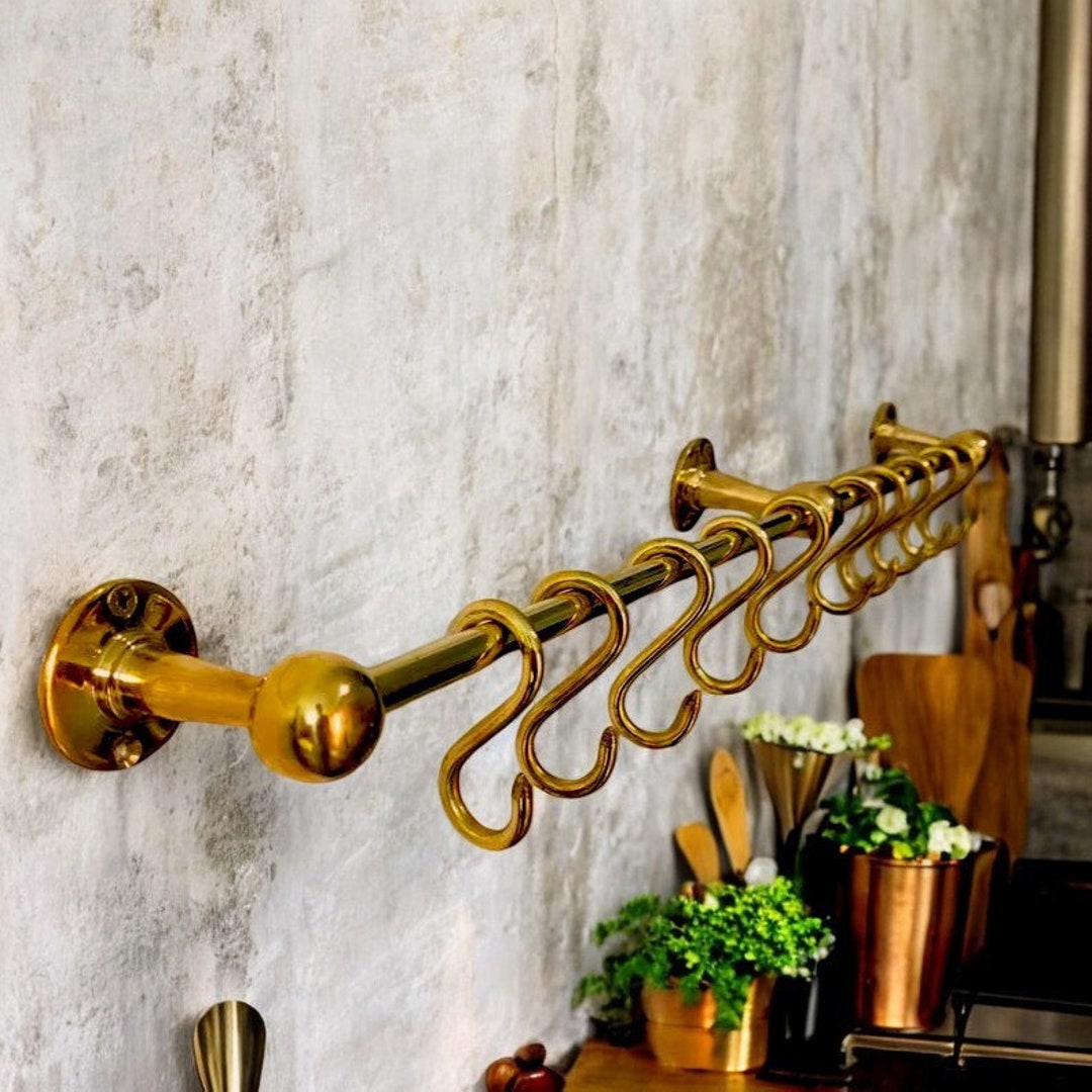 Unlacquered Brass Pot Rack Wall-mounted Kitchen Organizer With Hooks ...