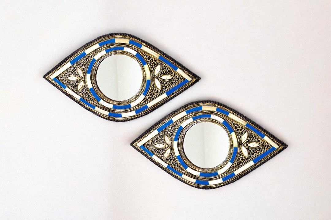 Set of 2 Evil Eye Mirror, Vintage Moroccan Eye Shape Mirror, Wall Decor ...