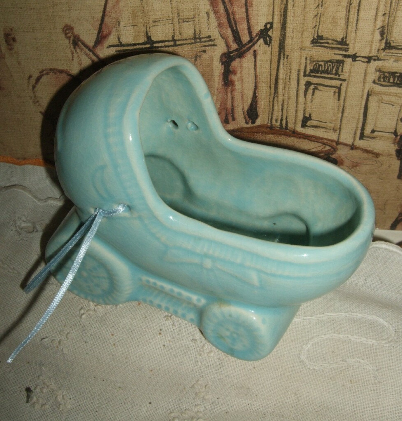 Vintage Blue Ceramic Baby Buggy - Etsy