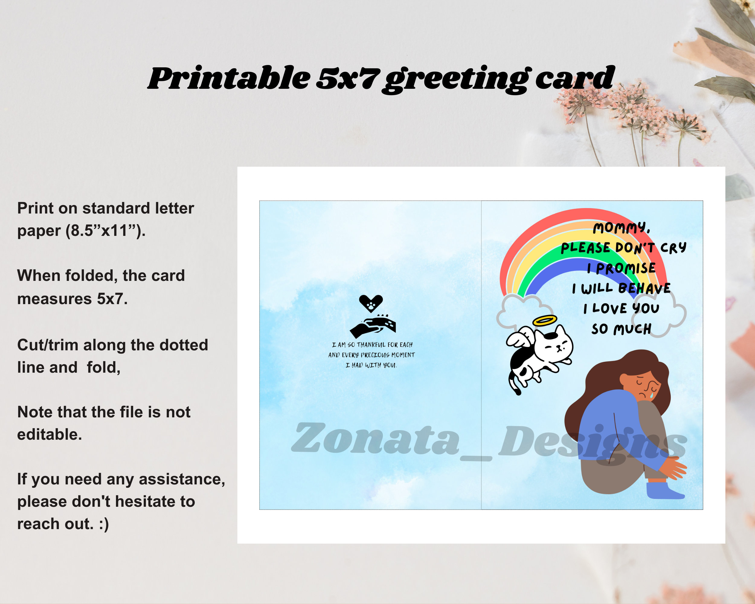 Printable Pet Loss Card, Digital Pet Loss Card, Cat Pet Loss Card ...